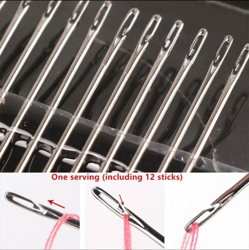 12pcs Self threading Sewing Needles easy thread mixed sizes pack silver ...