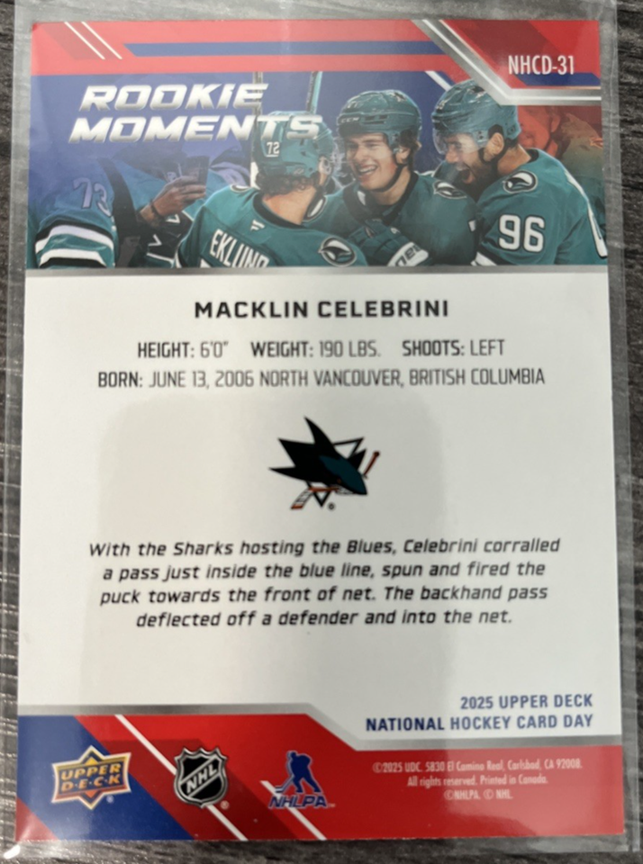 2025 National Hockey Card Day Macklin Celebrini Rookie Moments #NHCD-31 ...