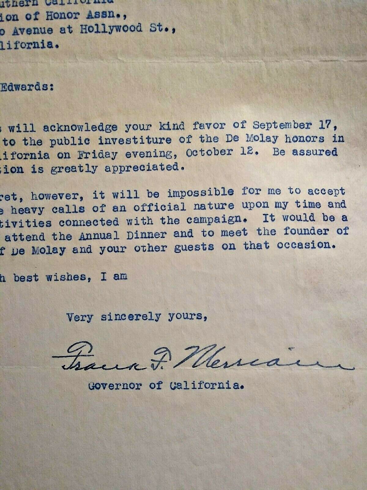 Letter From Governor of California Frank F. Merriam Oct.1, 1934 M 82 | eBay