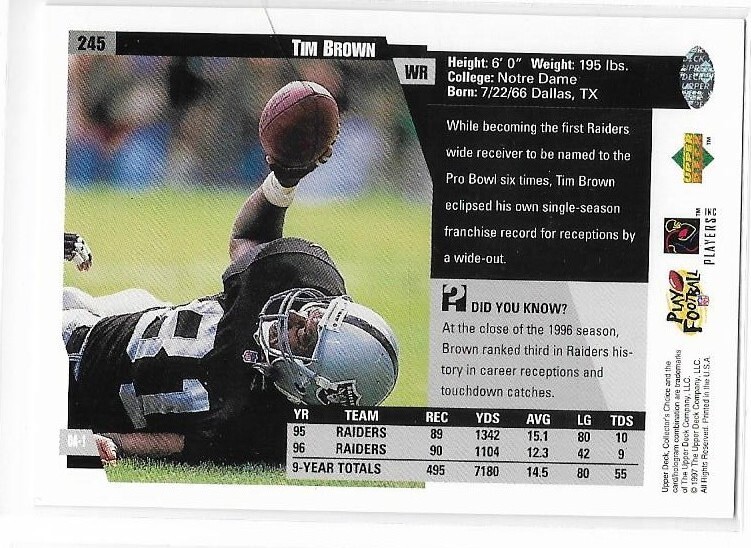1997 Upper Deck Collector's Choice Tim Brown #245 HOF Football Card ...