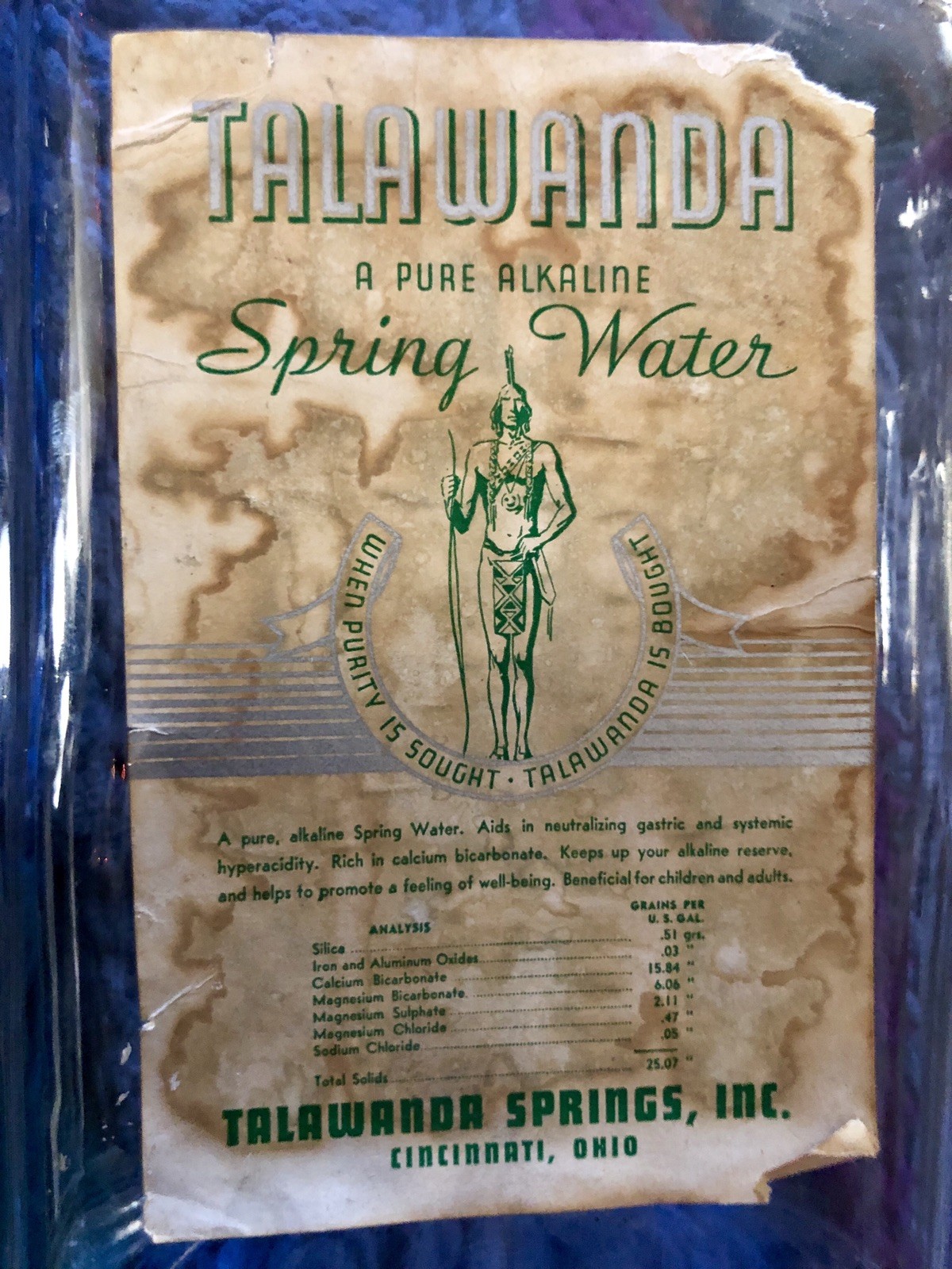 TALAWANDA SPRING WATER (Refrig.Bottle) INDIAN ON LABEL 1/2 Gallon Size ...