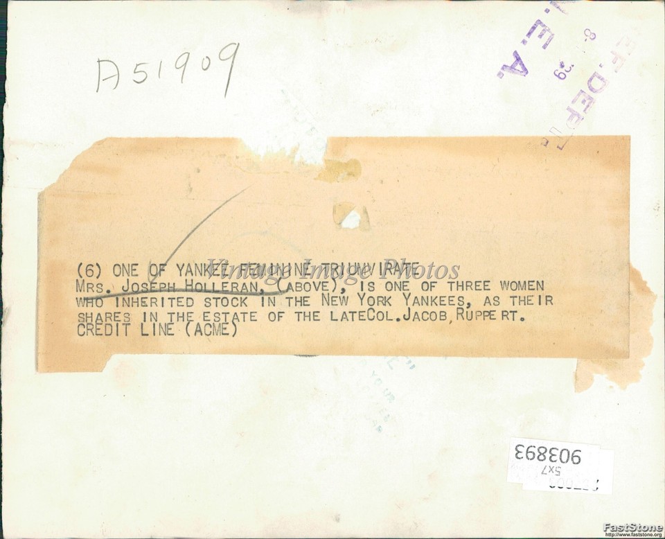 1939 Photo Mrs Joseph Holleran Inherited Stock In New York Yankees ...