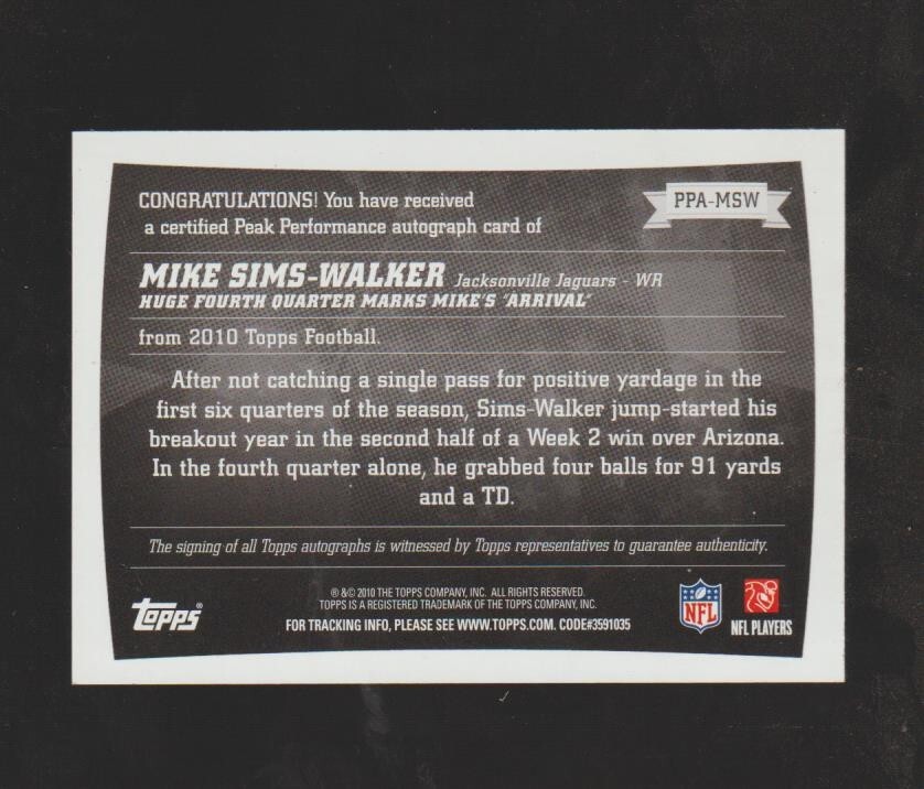 MIKE SIMS-WALKER, 2010 TOPPS PEAK PERFORMANCE #PPA-MSW, ROOKIE AUTO | eBay