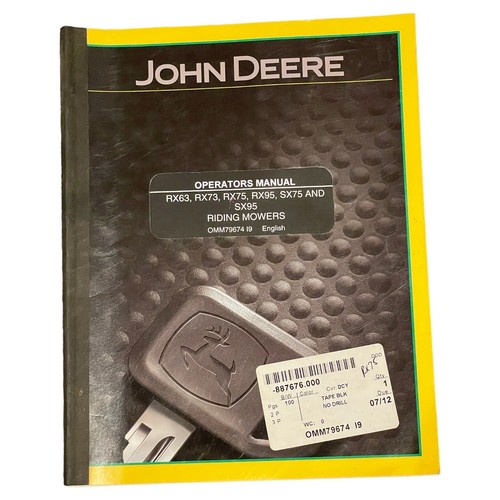 John Deere RX63 RX73 RX75 RX95 SX75 SX95 Riding Mowers Operators Manual ...
