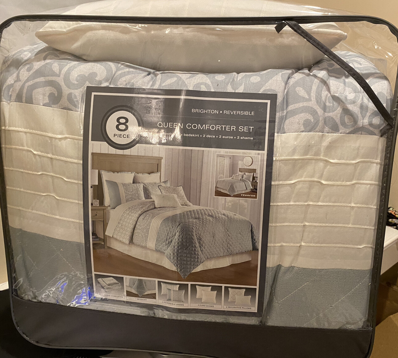 Sunham Home Fashions 8 piece Brighton Comforter Set Queen Teal White | eBay