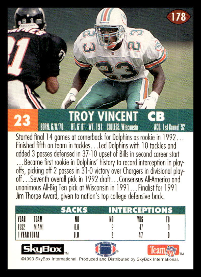 1993 SkyBox Impact #178 Troy Vincent Miami Dolphins | eBay