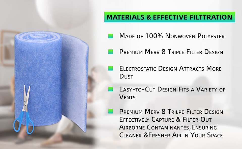 Air Vent Polyester Filter Roll MERV 8 HVAC Furnace Filter Cut to Fit 12 ...