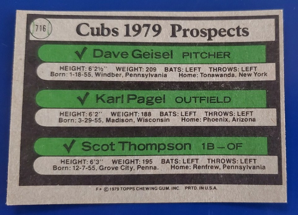 1979 Topps Prospects Dave Geisel, Karl Pagel, Scot Thompson #716 RC | eBay