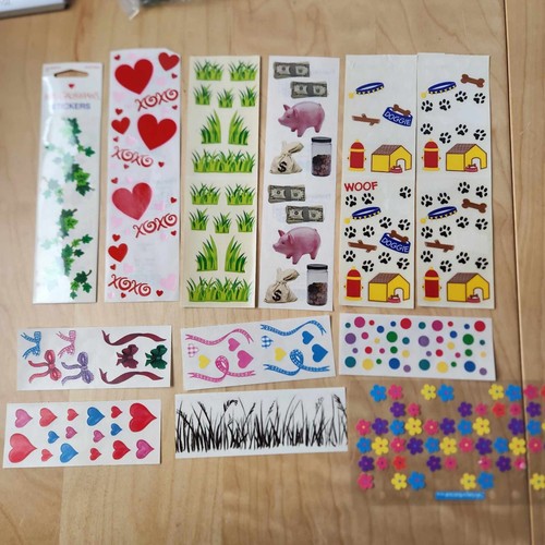 Lot of Misc Scrapbook Stickers 12 Sheets Hearts Dogs Pigs Grass Ribbons Etc | eBay