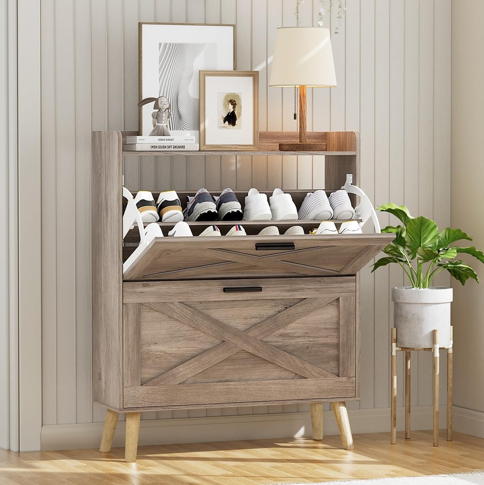 32" W Farmhouse Shoe Storage Cabinet with 2 Flip Drawers and Barn Door ...