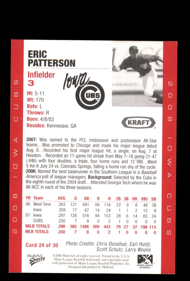 Signed Baseball Card Auto Eric Patterson 2008 MultiAd Iowa Cubs | eBay