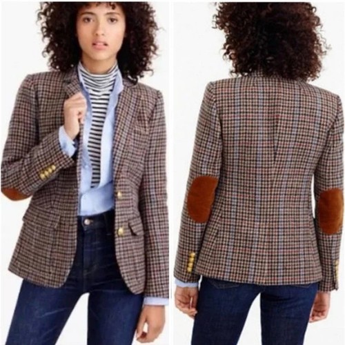 J.Crew Rhodes Blazer Jacket Wool Tweed Houndstooth Elbow Patches Brown ...