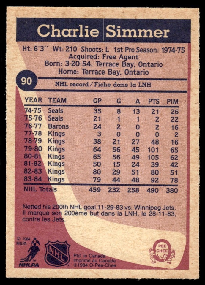 1984-85 O-Pee-Chee Charlie Simmer Boston Bruins #90 | eBay