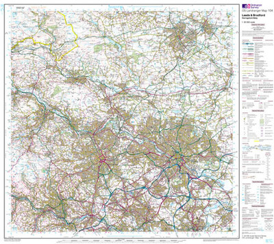 OS LANDRANGER MAP 104 LEEDS, BRADFORD & HARROGATE - FLAT EDITION, WALL ...