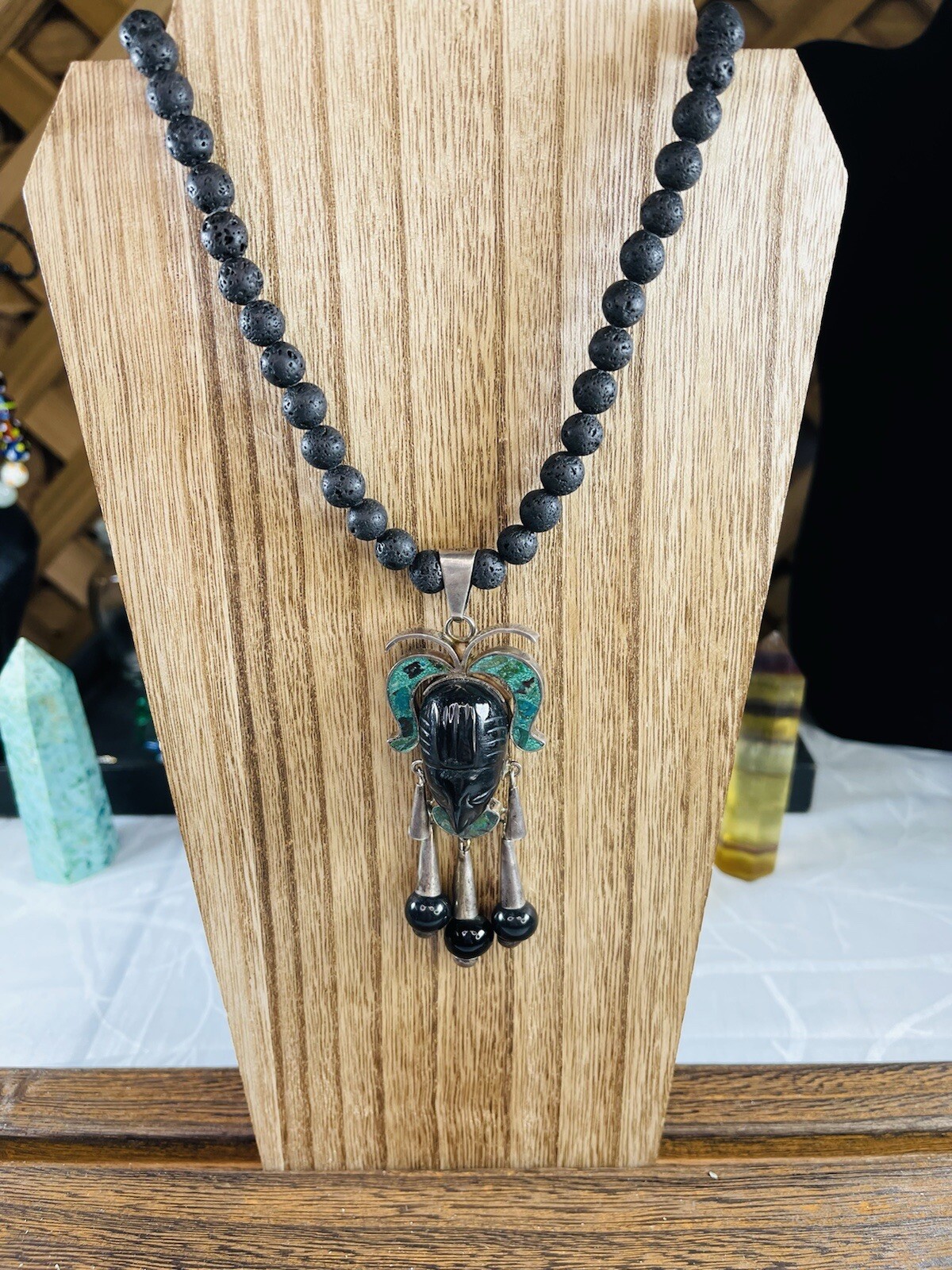 Vintage Mexico JMS 925 Carved Face Necklace - Gem