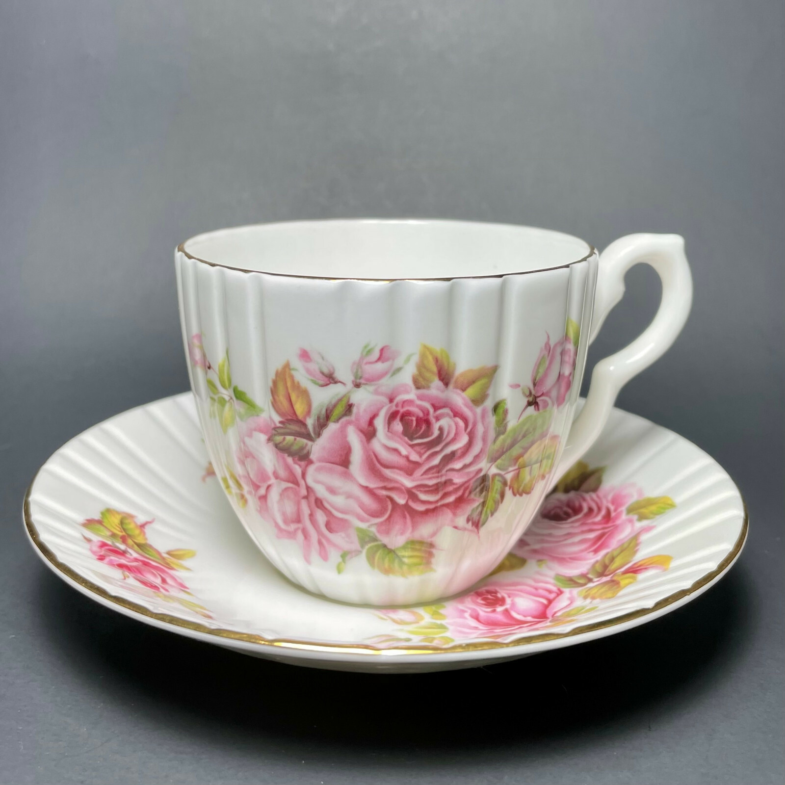HM ROYAL SUTHERLAND ~ Flat Cup & Saucer Set ~ Pink Rose ~ Bone China | eBay