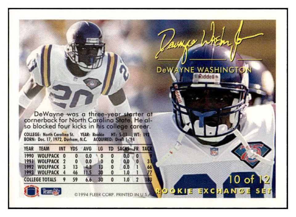 DEWAYNE WASHINGTON 1994 Fleer Rookie Exchange #10 NFL Vikings ID:61365 ...