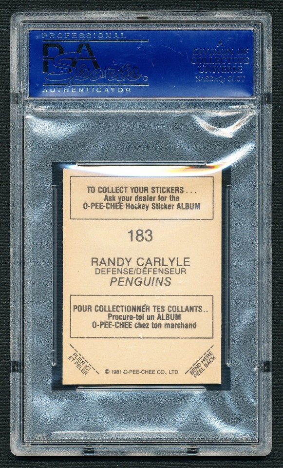1981 OPC HOCKEY STICKER 1st YEAR RANDY CARLYLE 183 PITTS. PENGUINS PSA ...
