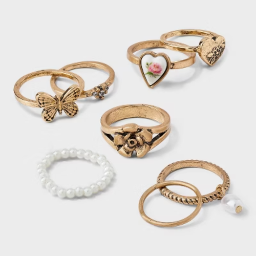 Mixed Heart and Simulated Pearl Ring Set 8pc - Wild Fable Gold | eBay