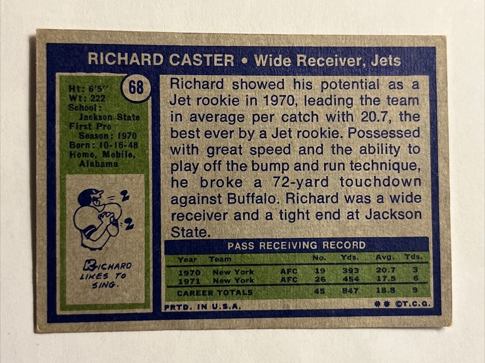 1972 Topps Football #68 Richard Caster New York Jets Vintage | eBay