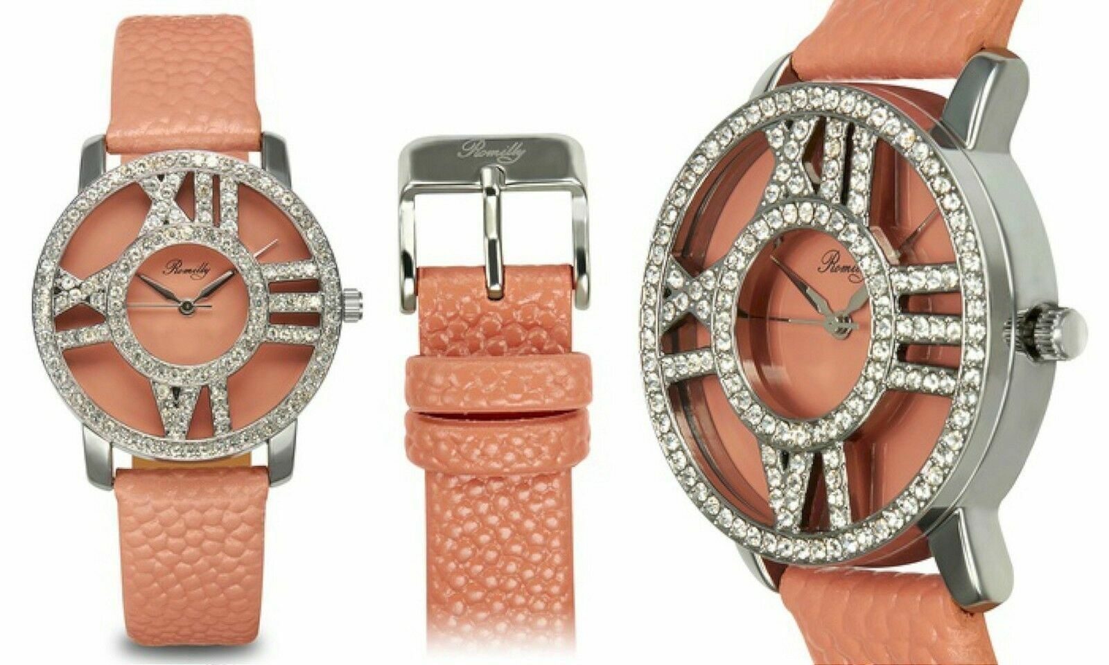 NEW Romilly 14015 Womens Sightseer Crystal Bezel Pink Leather Silver ...