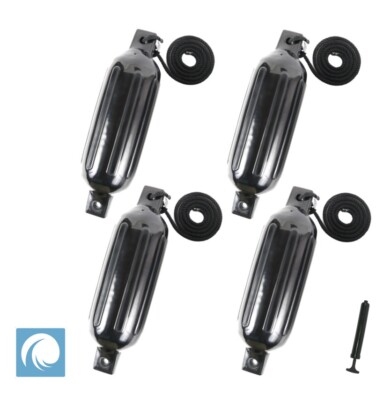 4 X Ribbed Boat Fender Poly Size G3, 23"/ 60cm, Black +Free Rope +PUMP ...
