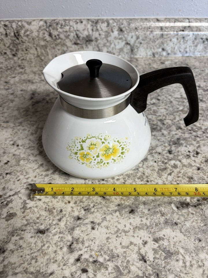 Vtg Corning Ware APRIL Yellow Flowers 6 Cup Tea Pot w Metal Lid P-104 ...