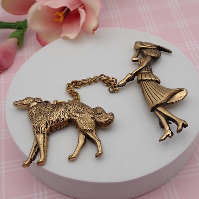Vtg Sophisticated Lady Walking Dog Chatelaine Gold Tone Pressed Pin ...