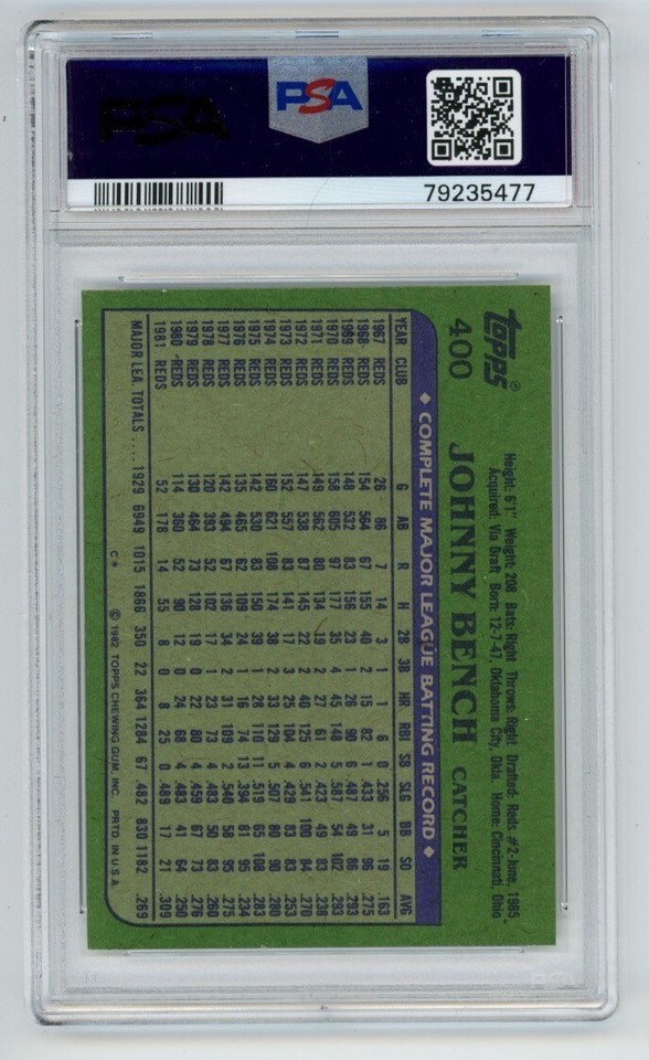 1982 Topps #400 Johnny Bench Cincinnati Reds HOF PSA 9 Mint | eBay