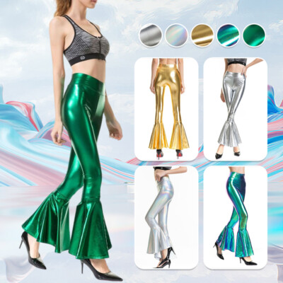 Women Shiny Flared Trousers Laser Ruffle Wide Leg Pants Retro Disco ...