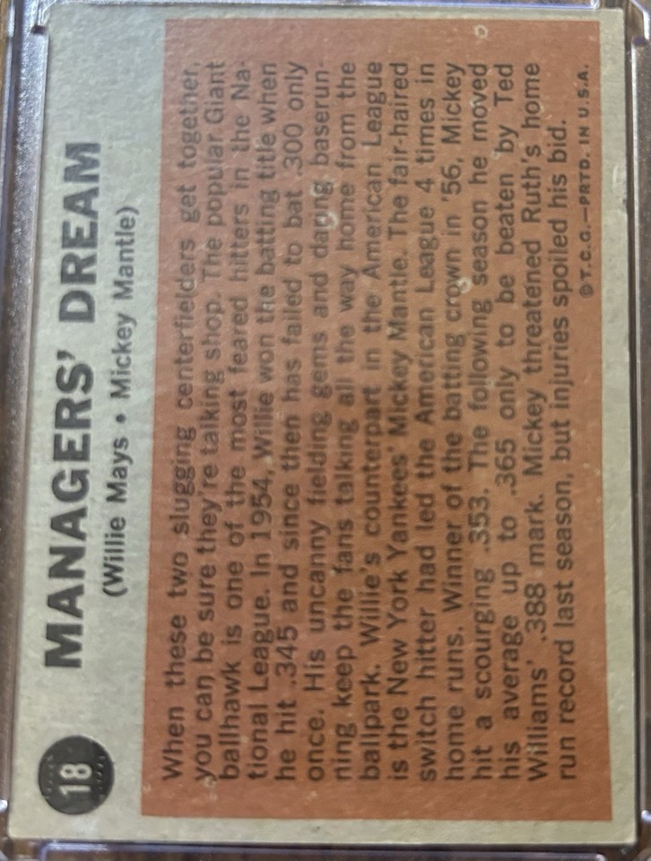 1962 Topps #18 Managers Dream VG-VGEX Mickey Mantle Willie Mays A8131 ...
