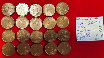 #P85 Norway; 20 Coins from Mint Bag - Bronze 2 Ore 1963 Olav V - Moor ...