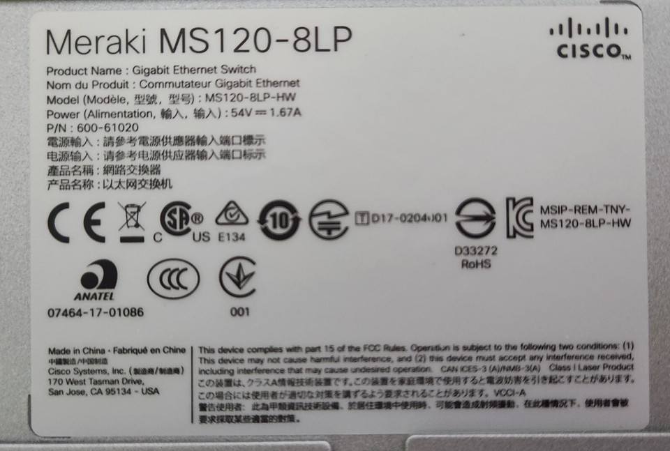 Cisco Meraki MS120-8LP 8-Port L2 Cloud Managed Gigabit PoE+ Switch ...