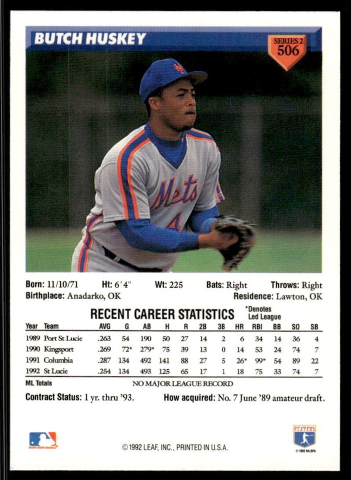 1993 Donruss Rated Rookies 506 Butch Huskey New York Mets Baseball Card ...