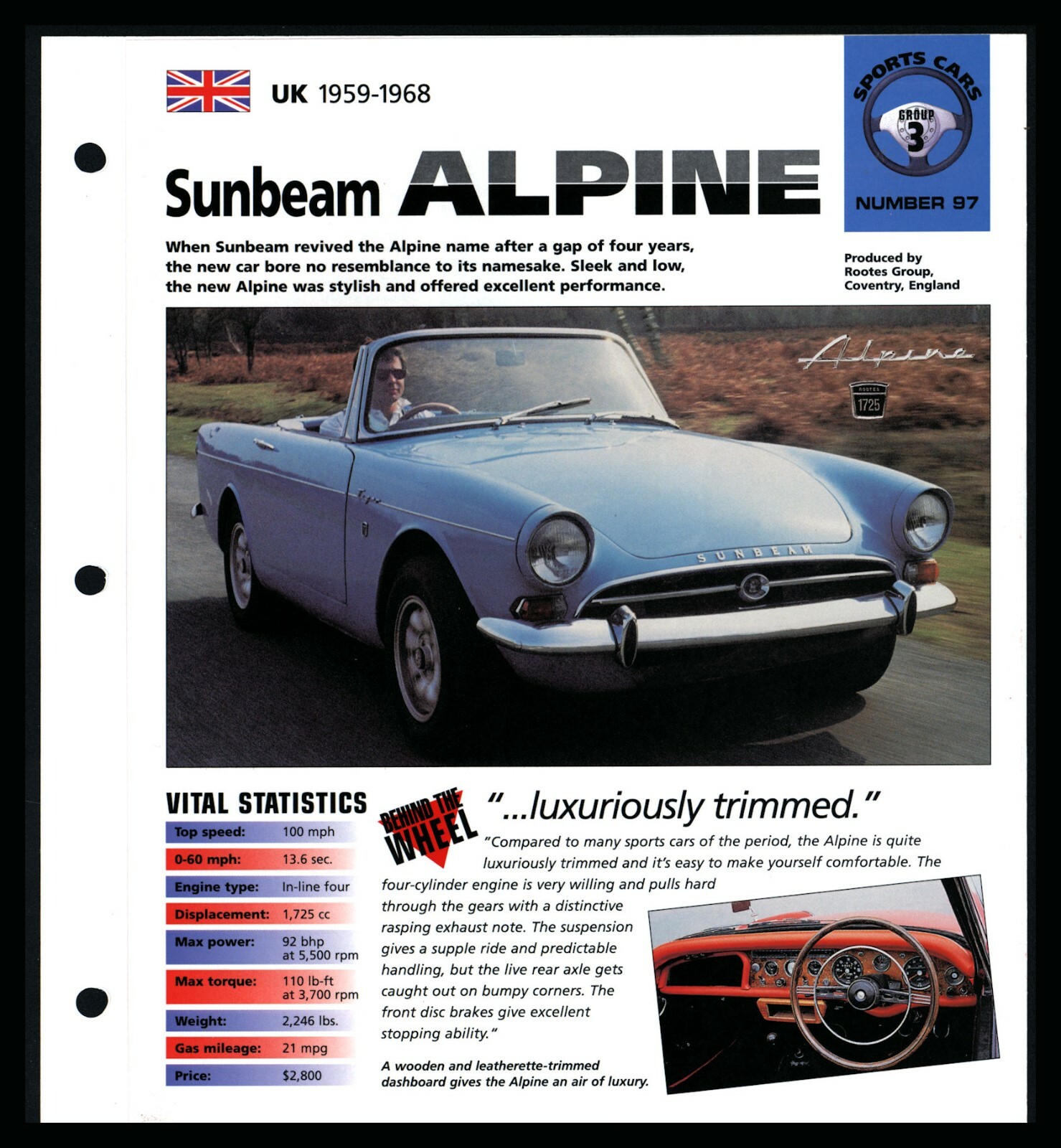 Sunbeam Alpine (UK 1959-1968) Spec Sheet 1998 HOT CARS Sports Cars #3. ...