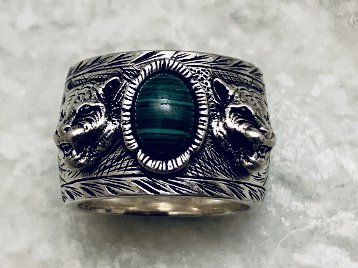 GUCCI Garden Tiger Head Ring 925 Sterling Silver Green Stone GUCCI Garden Tiger Head Ring 925 Sterling Silver Green Stone