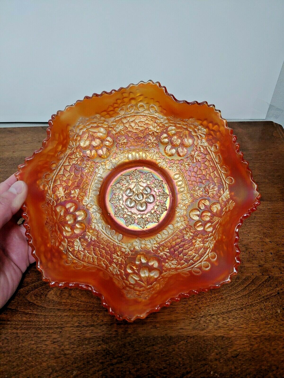 CHERRY CHAIN FENTON MARIGOLD CARNIVAL GLASS ORANGE TREE BACK 10" BOWL ...