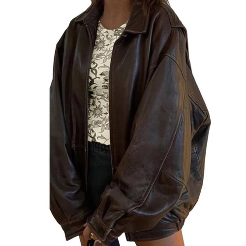 90s Oversized Women's Boxy Brown Leather Jacket | Handmade Baggy Bomber ...