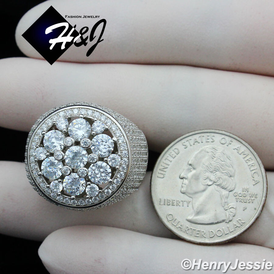 MEN SOLID 925 STERLING SILVER ICY BLING CUBIC ZIRCONIA HIPHOP ROUND ...