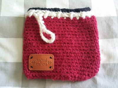 RED YARN KNITTED BAG POUCH PURSE WALLET, HAND MADE CROCHET / AMIGURUMI ...