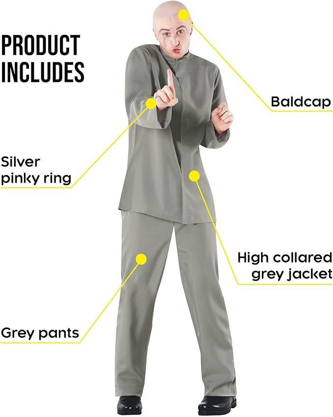 Mens Evil Doctor Costume Powers 60s Movie Villain Gray Suit +Bald Cap ...