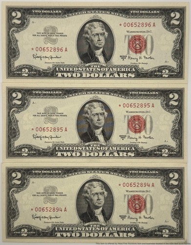 Rare Consecutive $2 Sequential Serial Number Red Seal Star Two Dollar ...