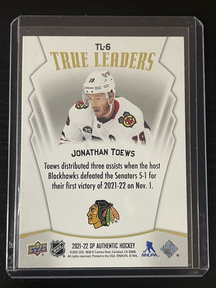 2021-22 UD SP Authentic Jonathan Toews True Leaders Insert Blackhawks ...