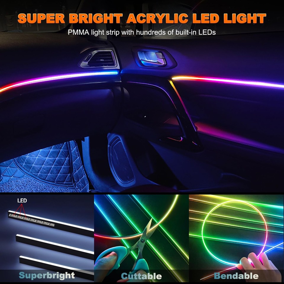 Interior Car LED Strip Lights, Acrylic LED Lights for Car with Dynamic ...