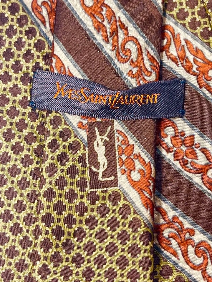 Yves Saint Laurent Striped Tie Brown Yellow Orange Logo Used | eBay