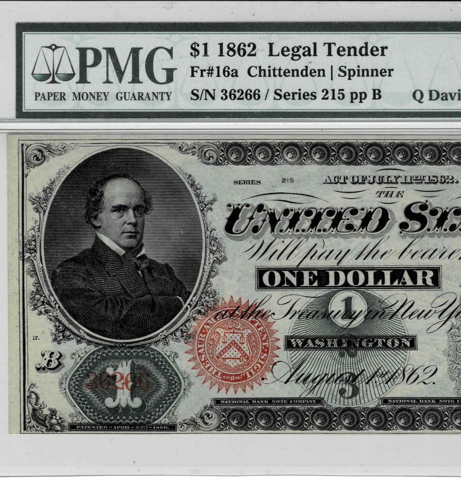 1862 $1 Legal Tender 'Greenback'note-fr.16a-PMG Choice UNC 63 EPQ-Only ...