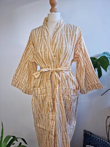 Indian Beige Cotton Robe Long Kimono Sleepwear Floral Night Suit Kimono ...