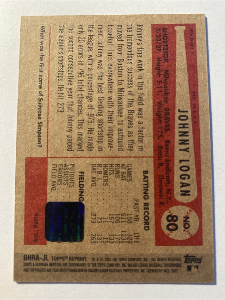 2002 Bowman Heritage 1954 Reprints Autographed Johnny Logan #BHRA-JL ...