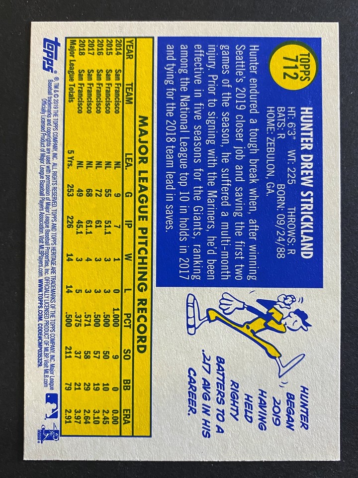 Hunter Strickland 2019 Topps Heritage Baseball Short Print Seattle ...