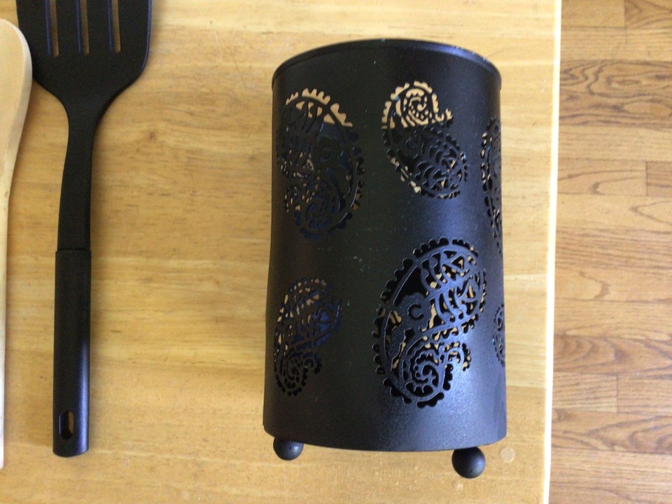 Utensil Holder Kitchen 9”,w 4 utensils, cool open work black metal ...
